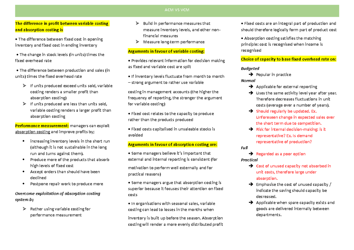 ACM vs. VCM: Profit Differences in Costing Methods Explained - Studocu
