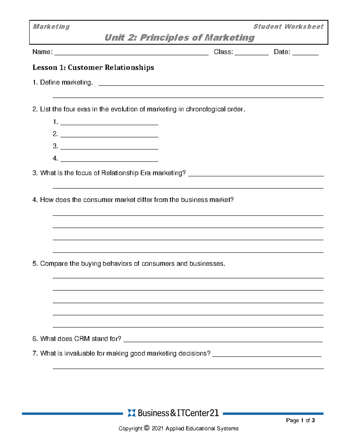 Principals of Marketing Worksheet - Marketing Student Worksheet Unit 2 ...