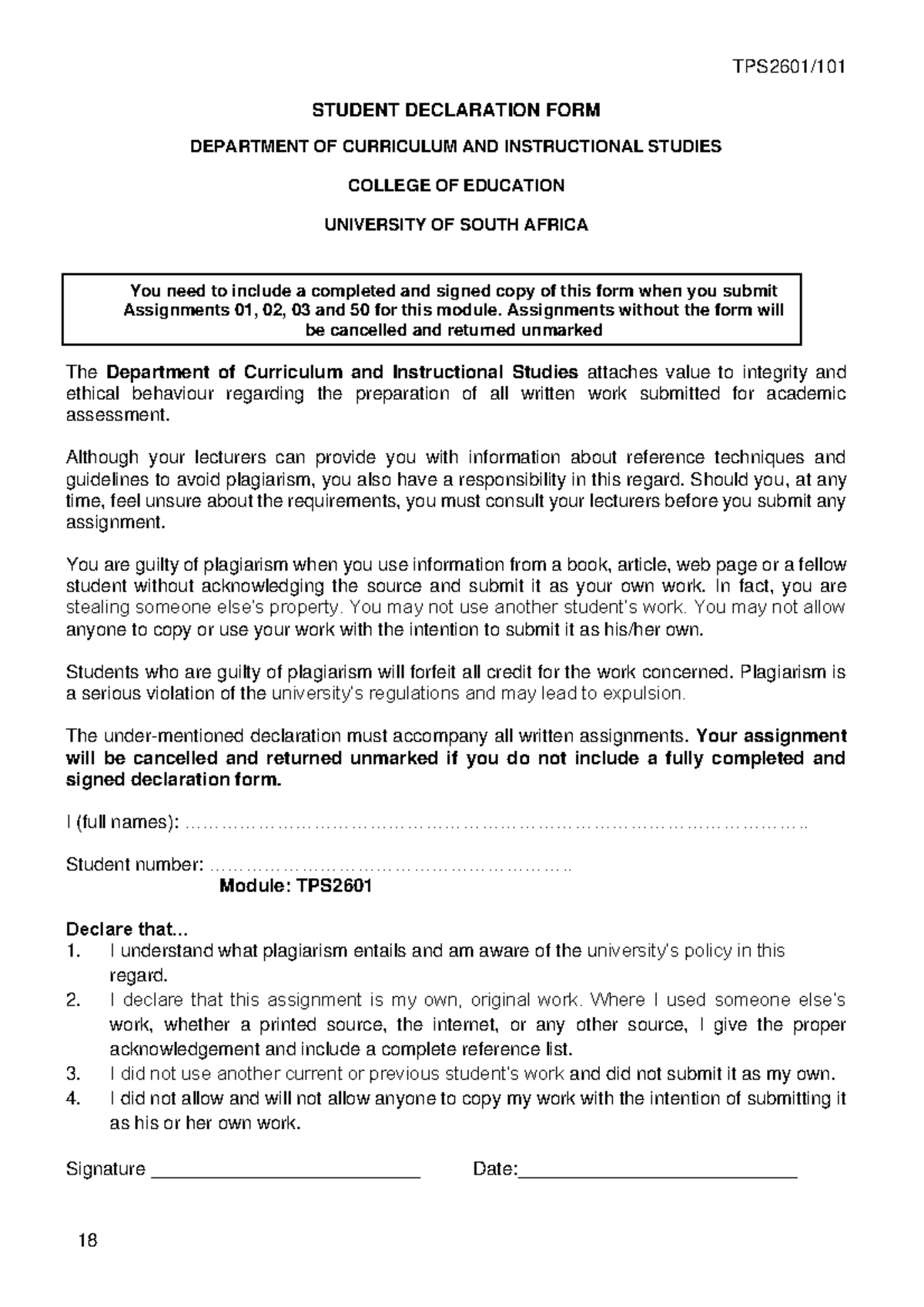 TPS2601 Declaration Form for Assignment Submission and Plagiarism Policy - Studocu
