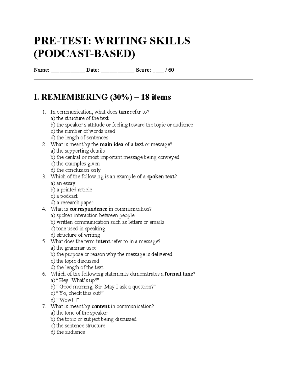 WRITING SKILLS Pretest: Understanding Tone and Communication - Studocu