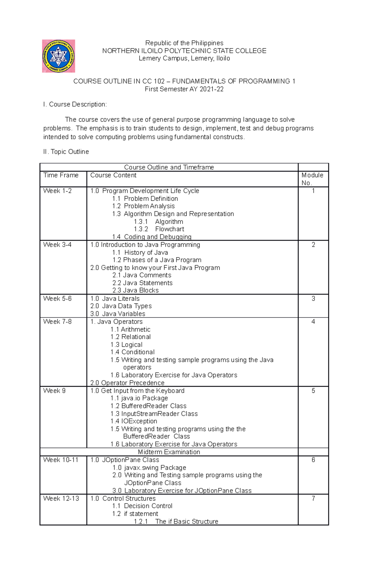 Course Outline: CC 102 - Fundamentals of Programming 1 - Studocu