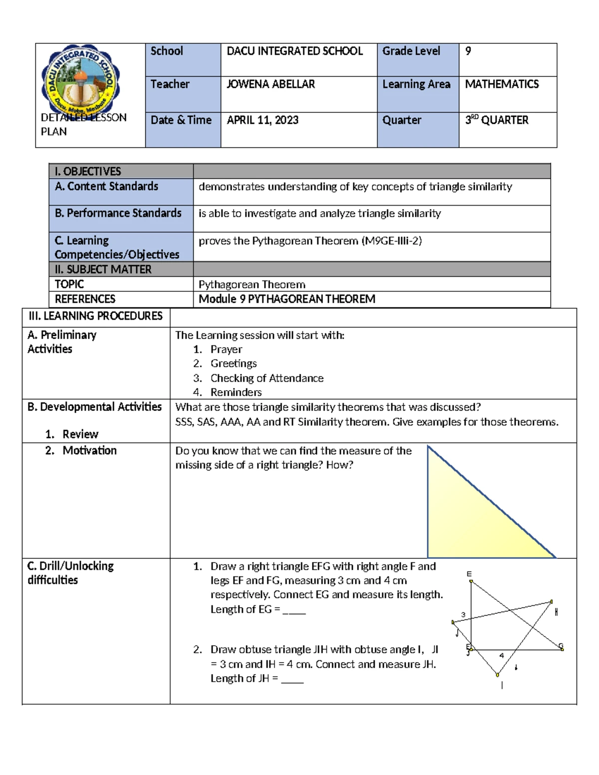 Grade 9 Mathematics: Law of Sines Detailed Lesson Plan - Studocu