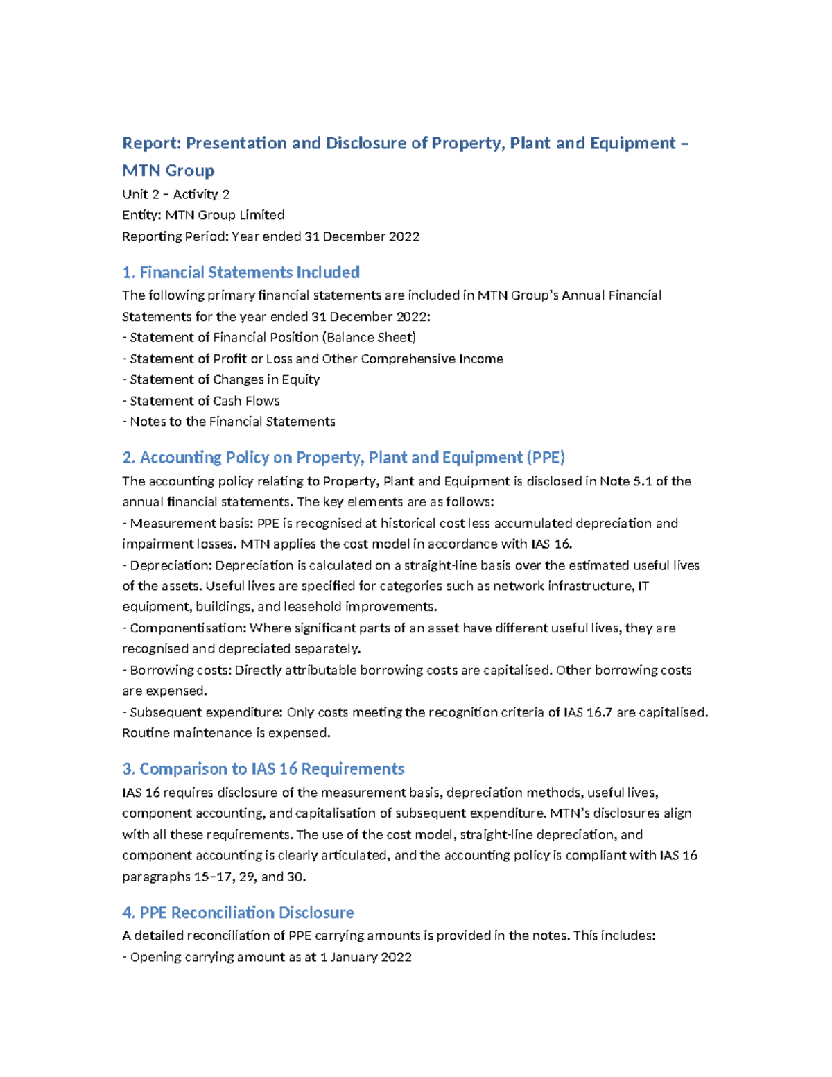 MTN Group Limited: IAS 16 PPE Report & Disclosure Notes - Studocu