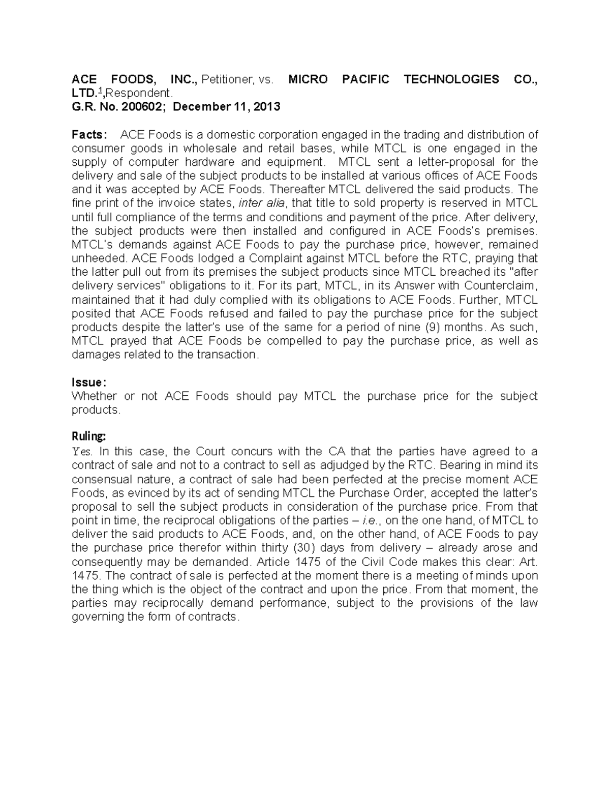 Case Digest: ACE Foods, Inc. vs. MTCL - G.R. No. December 11, 2013 ...