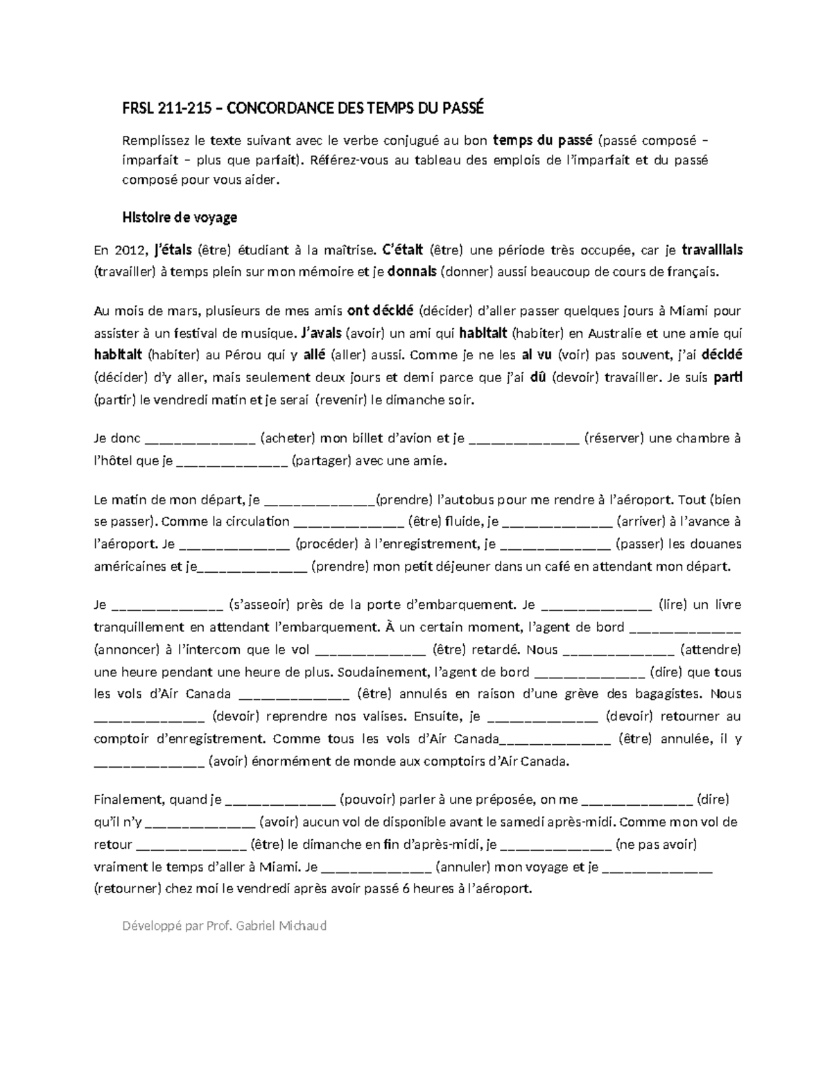 FRSL Histoire de Voyage - Exercices de Conjugaison au Passé - Studocu