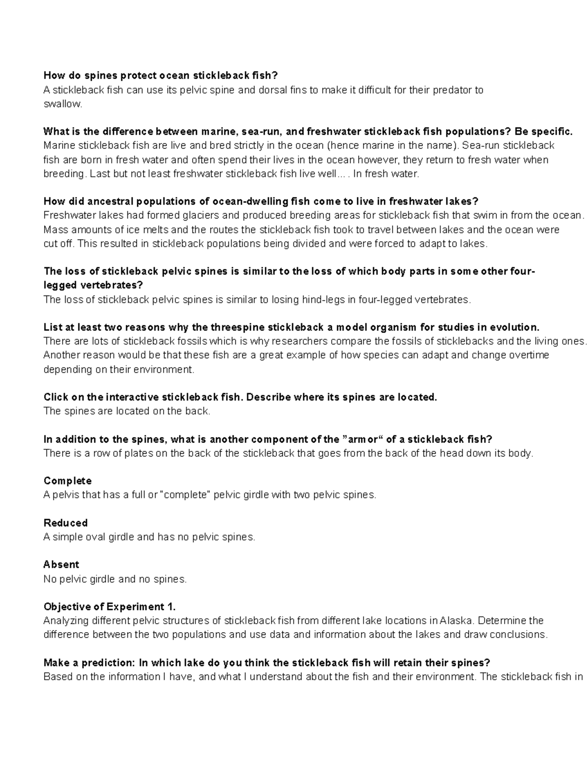 Week 7 Lab - Stickleback fish lab - Stickleback - How do spines protect ...
