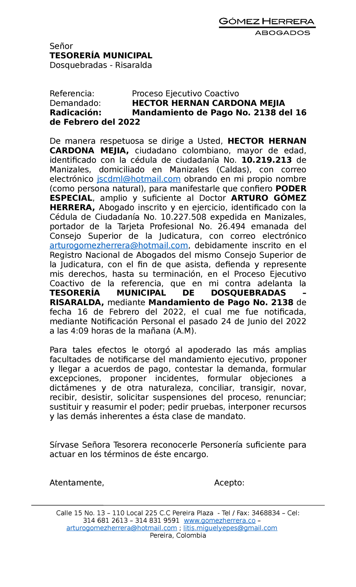 Poder Especial para asistir en Proceso Coactivo - Tesorería 2138 - Studocu