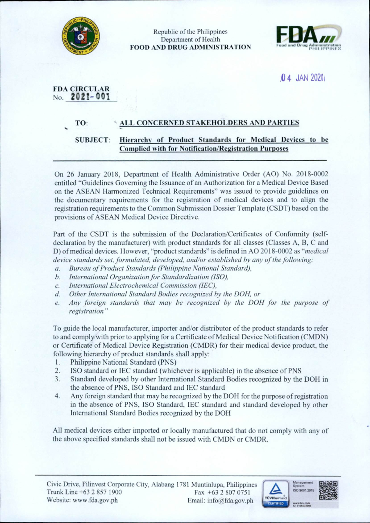 FDA Circular No. 2021-01: Hierarchy of Medical Device Standards - Studocu