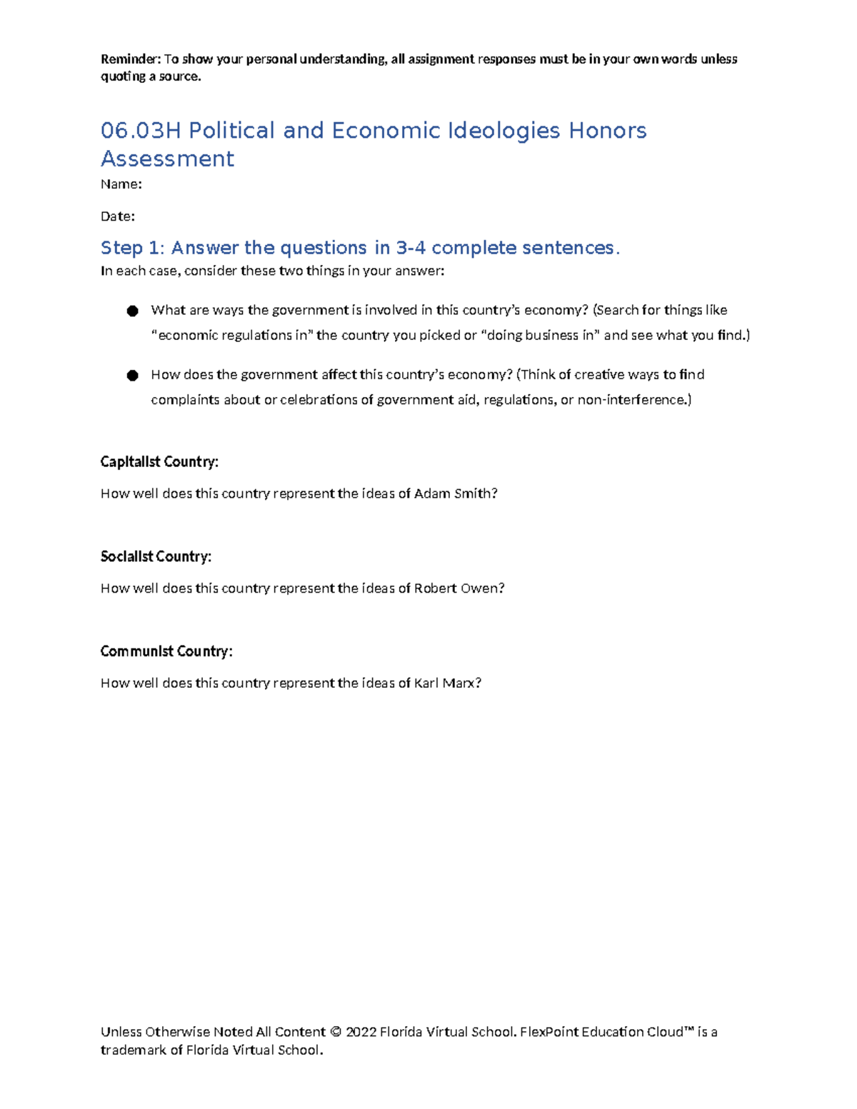 Political and Economic Ideologies Honors Assessment 06.03H - Studocu