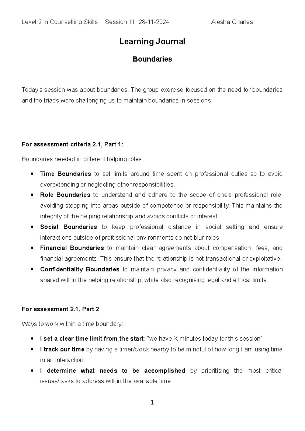 Level 2 Counselling Skills: Session 11 Reflective Journal on Boundaries ...