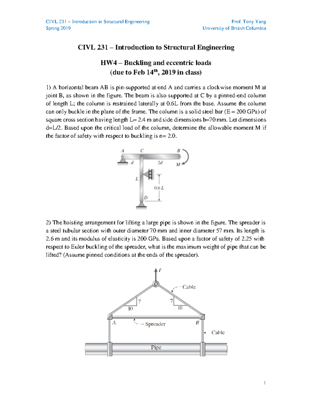 CIVL 231 - Structural Engineering HW4: Buckling & Eccentric Loads ...