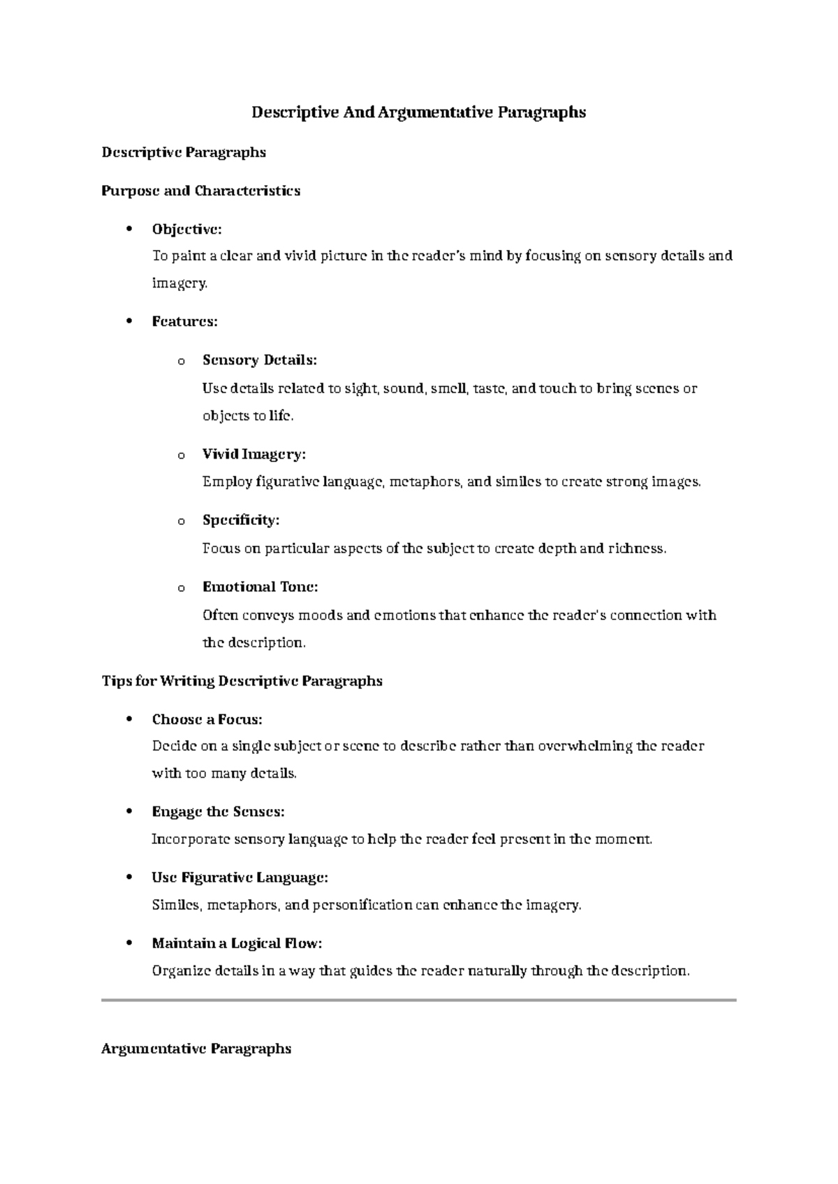 Writing - Descriptive And Argumentative Paragraphs - Descriptive And ...
