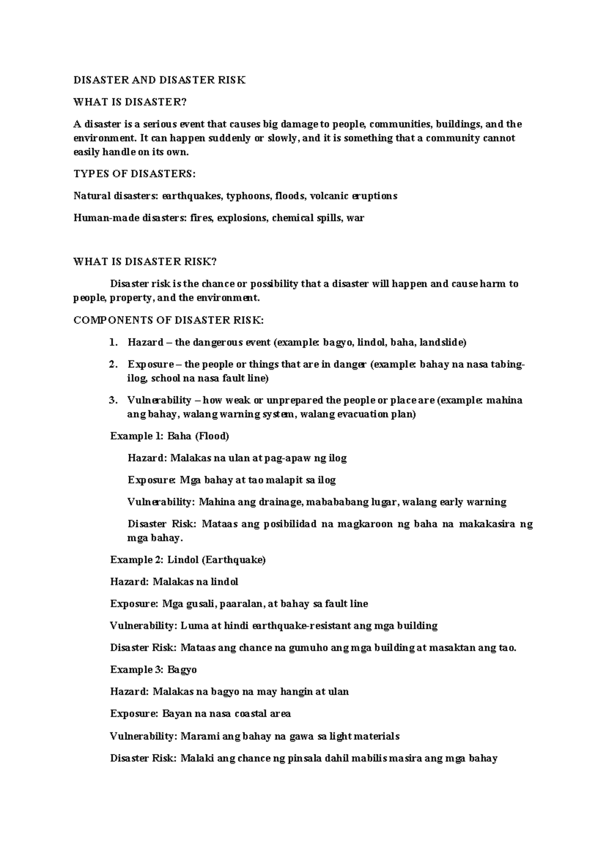 G1-DRRM - Understanding Disasters and Risk Factors Handout - Studocu