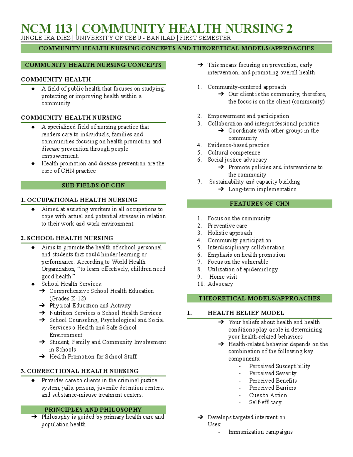 NCM 113 Community Health Nursing Concepts & Theoretical Models - Studocu