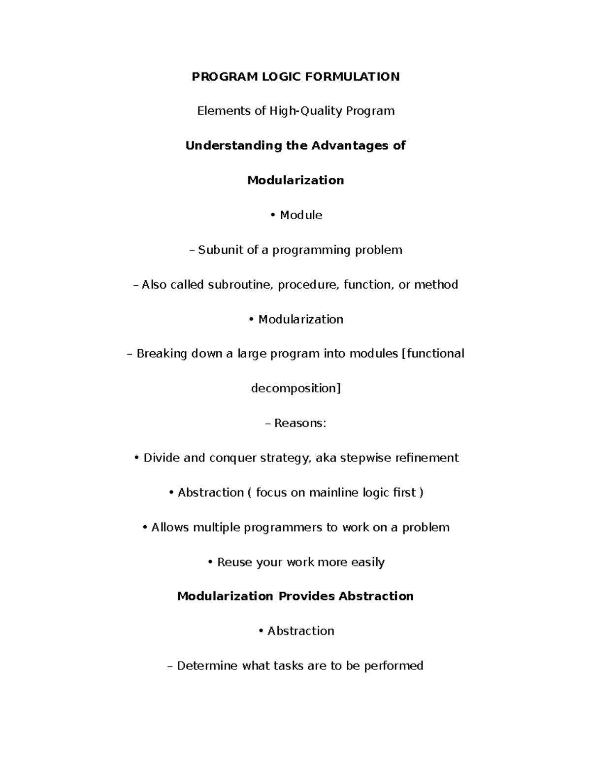 Program Logic Formulation - PROGRAM LOGIC FORMULATION Elements of High-Quality Program ...