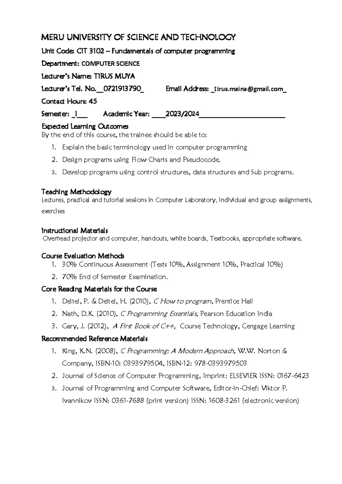 CIT 3102 Fundamentals of computer programming course outline - MERU ...