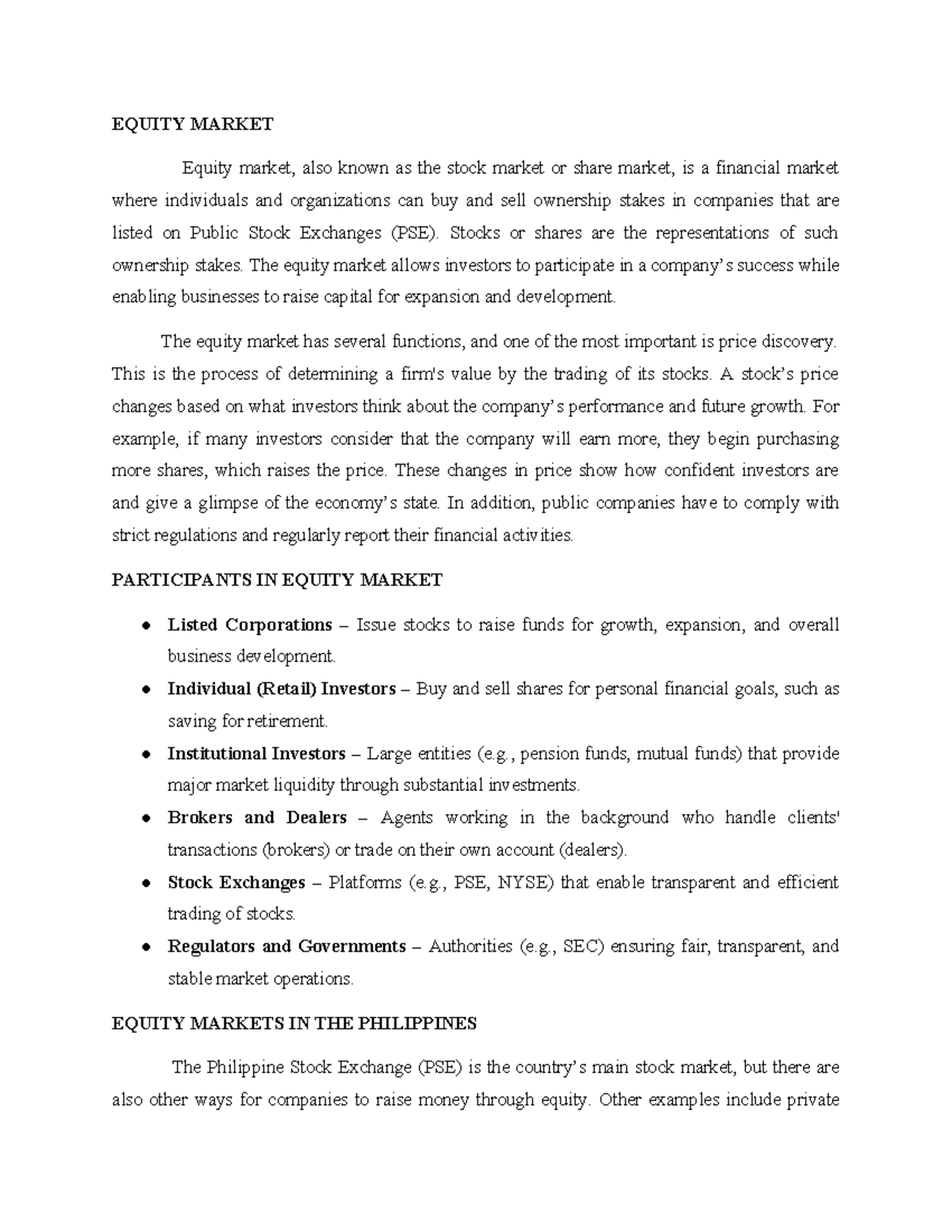 EQUITY MARKET: Overview, Participants, and Global Insights - Studocu