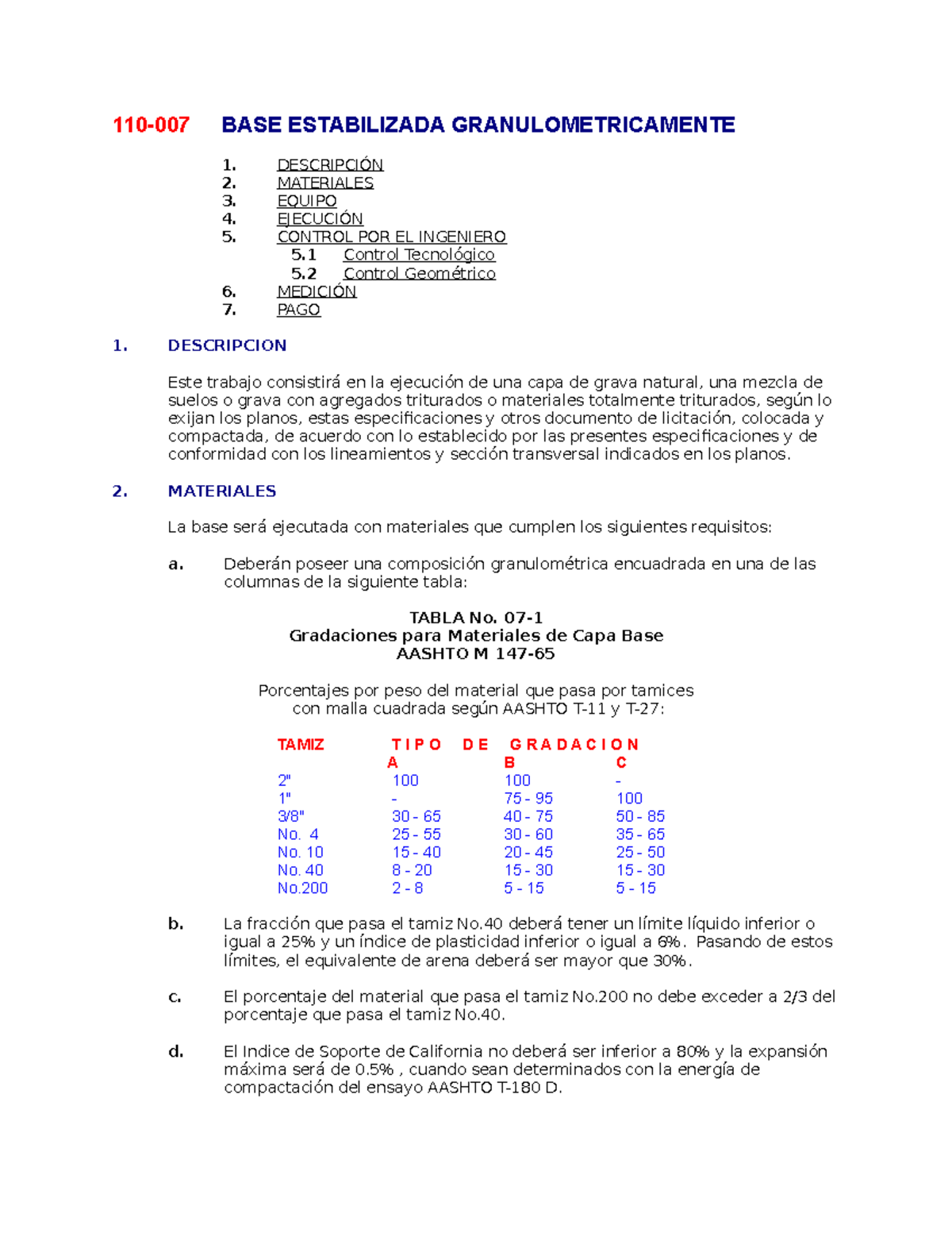 Especificaciones Técnicas para Capa Base y Sub Base Granular CAPA-110 ...