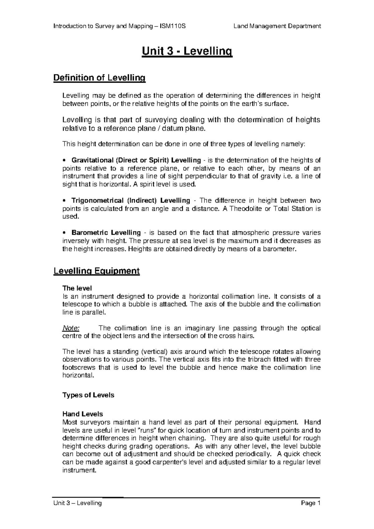 Introduction to Surveying and Mapping - Unit 3 -Levelling - Unit 3 ...