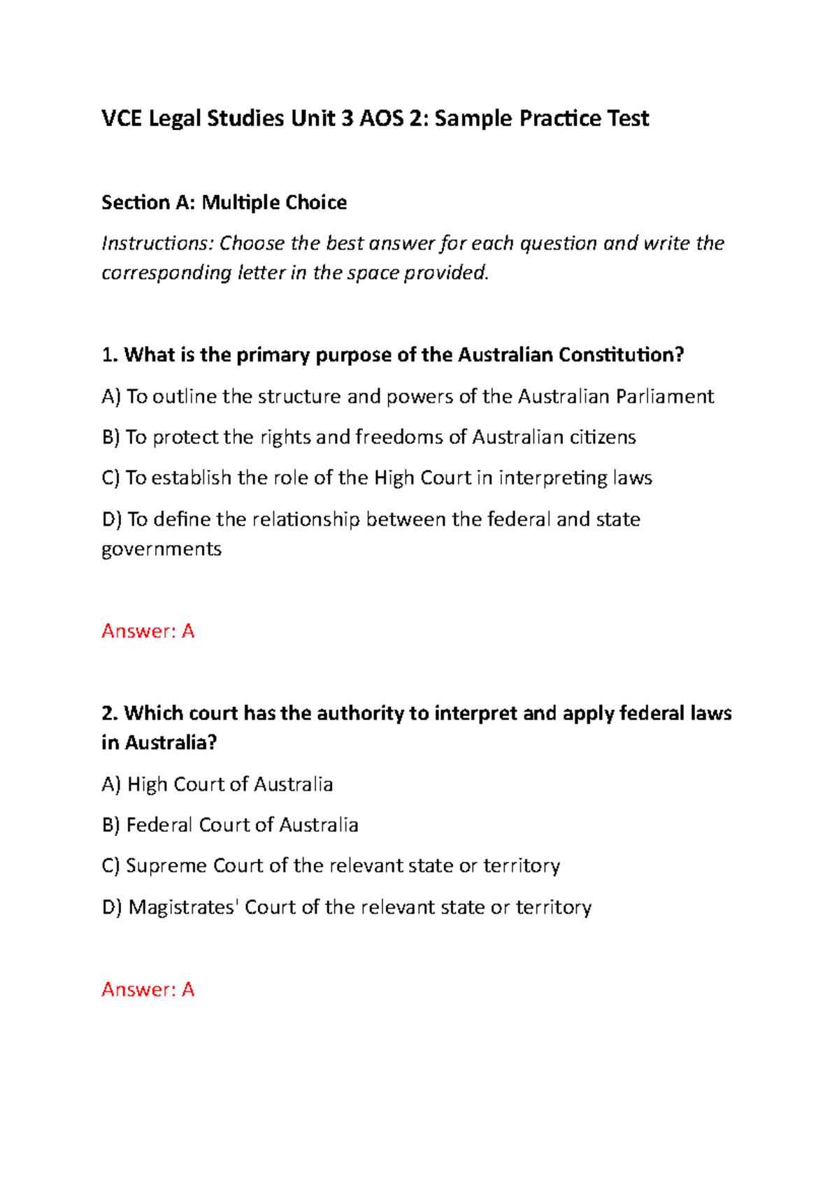 VCE Legal Studies Unit 3 AOS 2 sample test with answers - VCE Legal ...
