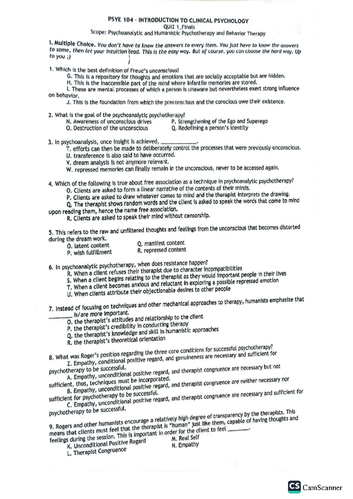 Clinical Quiz Reviewer - PSYE 104 a INTRODUCTION TO CLINICAL PSYCHOLOGY ...