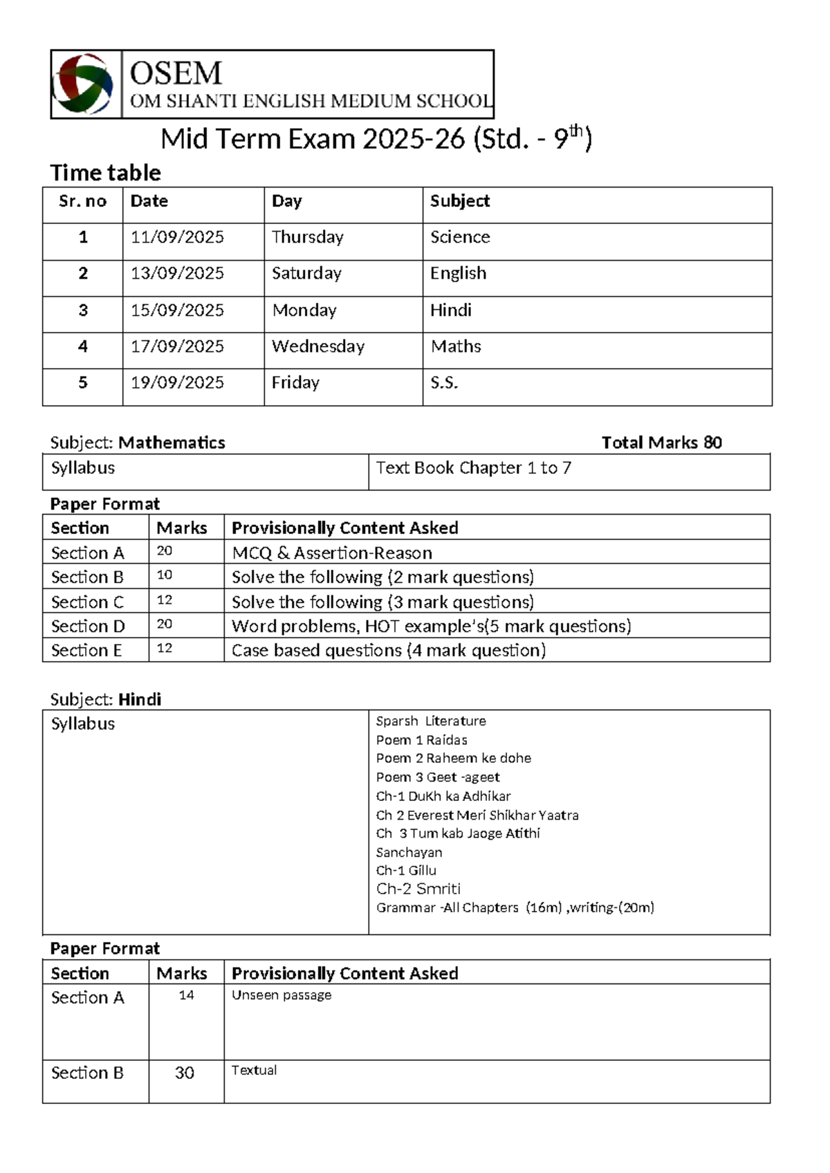 Mid Term Exam Timetable & Syllabus for Std. 9 (2025) - Studocu