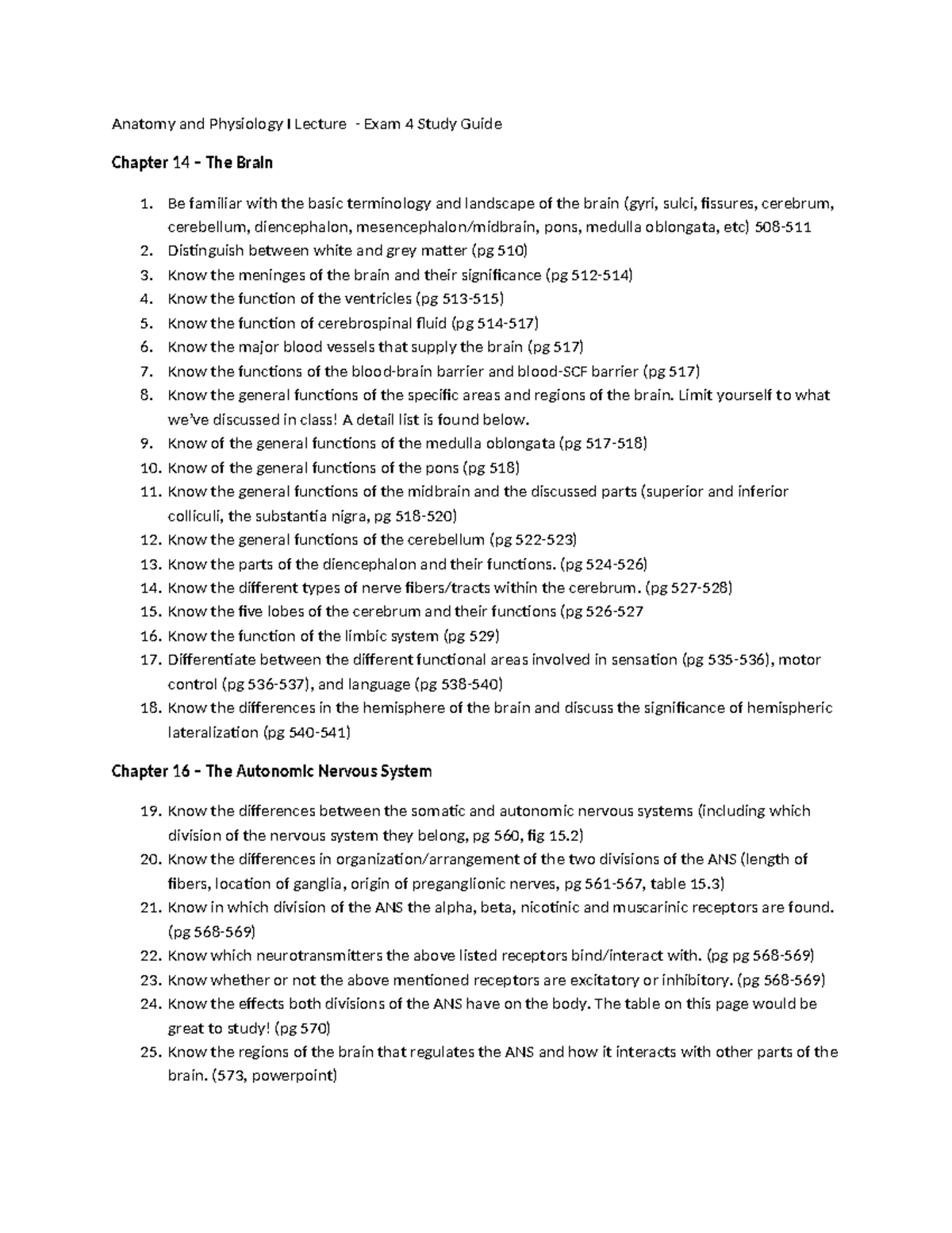 Anatomy and Physiology I Exam 4 Study Guide: The Brain & ANS Concepts ...