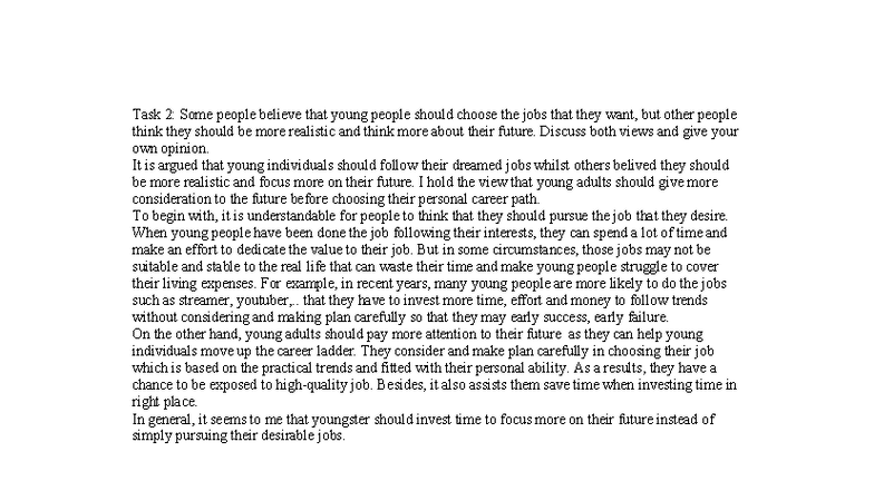 Task 2: Young People's Career Choices - Dreams vs. Realism - Studocu