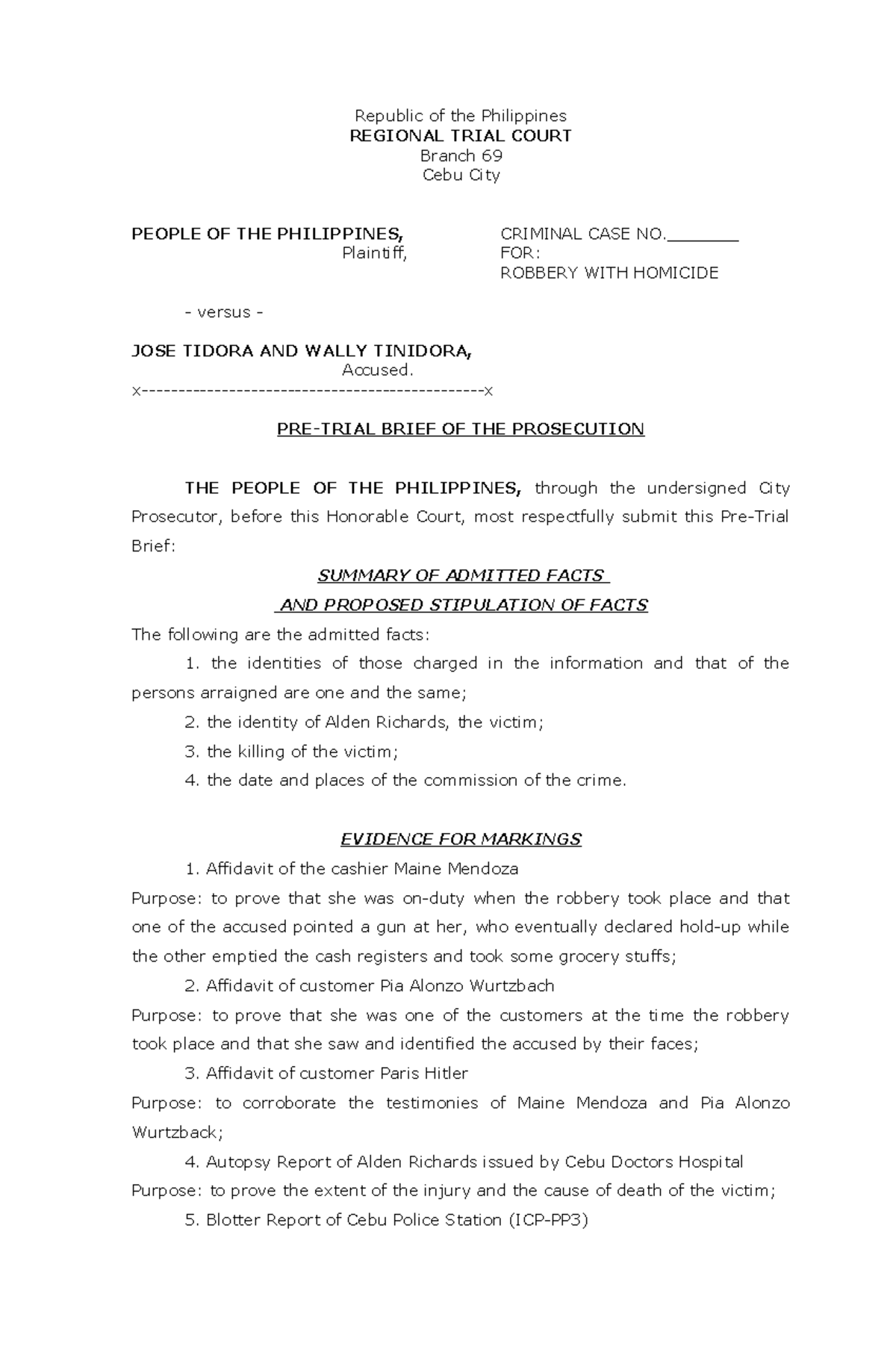 317564173 19381670 Pretrial Brief for Prosecution in Robbery Case - Studocu