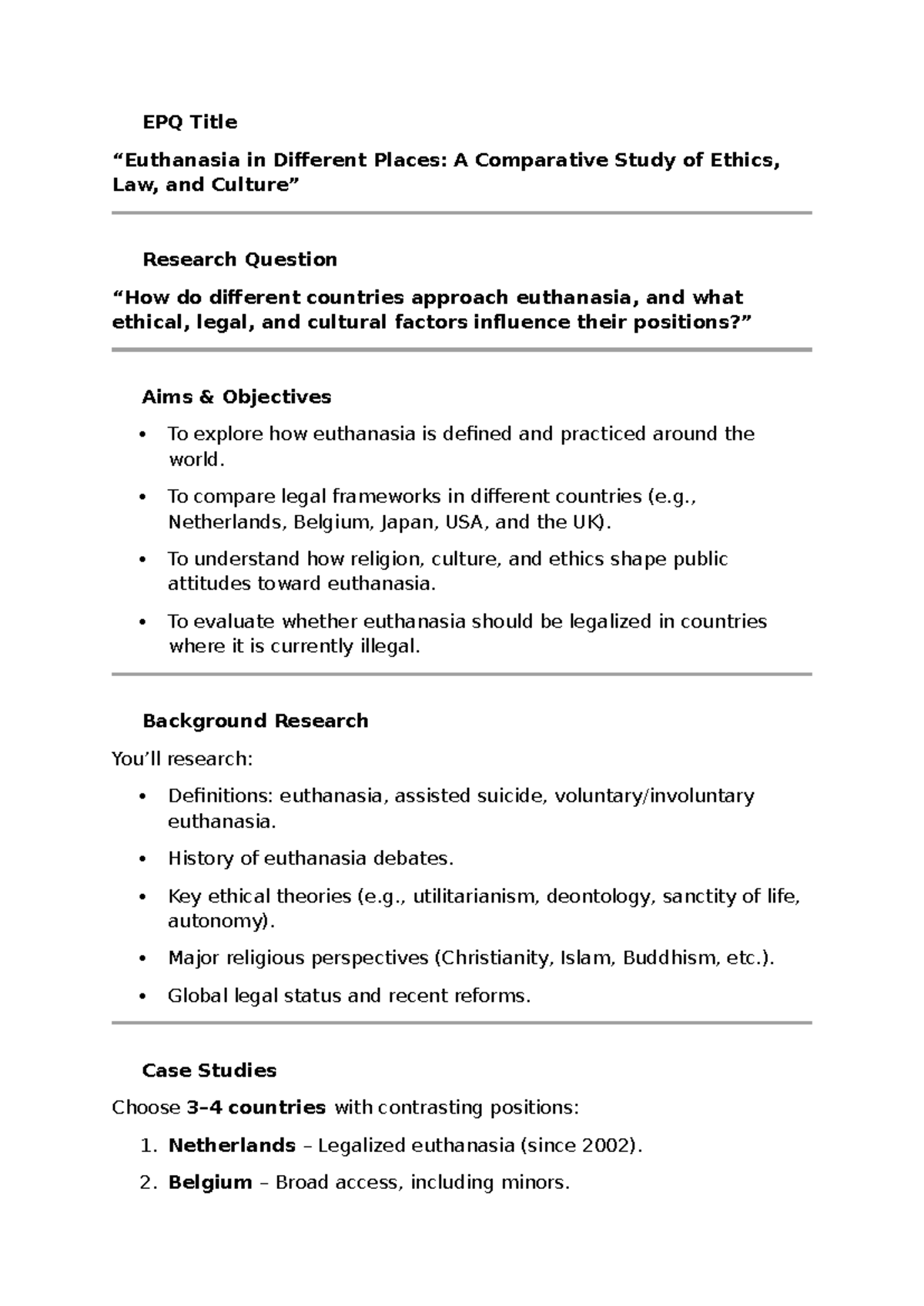 EPQ Plan: Comparative Study of Euthanasia Ethics & Laws - Studocu