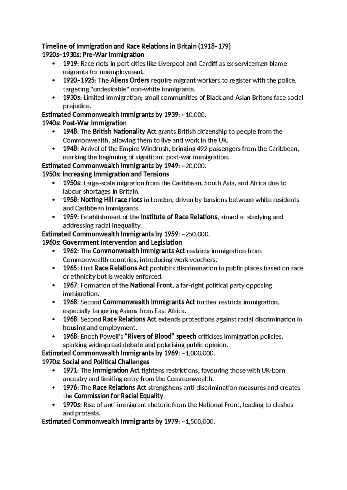 Timeline of Immigration & Race Relations in Britain (1918-1979) - Studocu