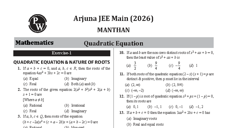 Quadratic Equations Practice Sheet for JEE Main (2026) - Studocu