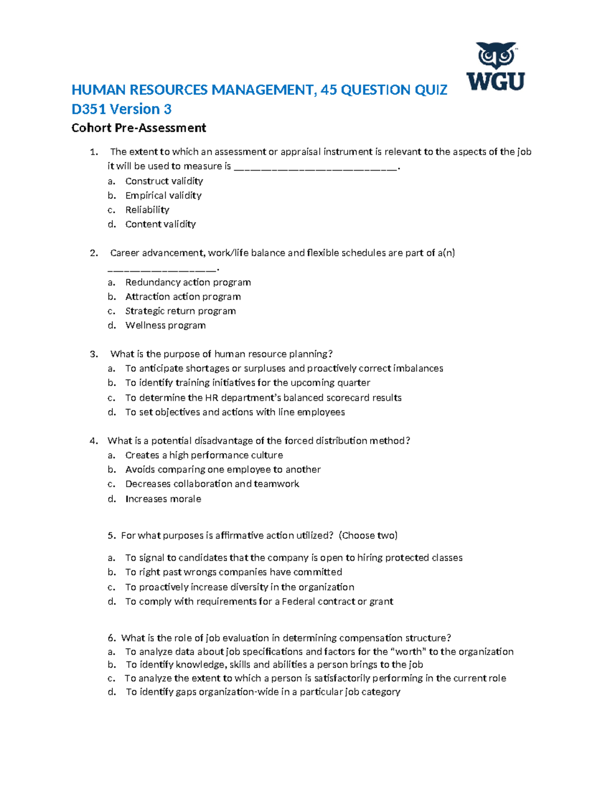 HUMAN RESOURCES MANAGEMENT, 45 QUESTION QUIZ D351 Version 3 - Studocu