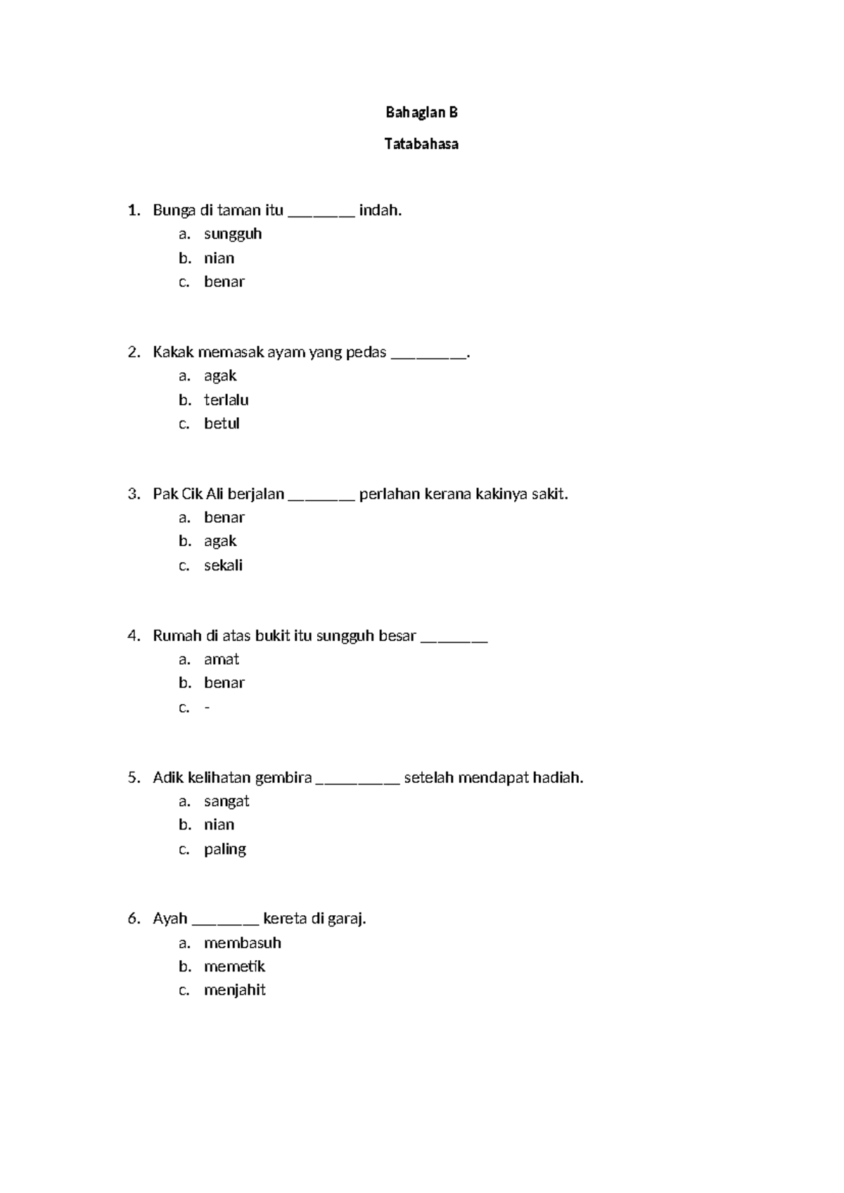 Malay Y9 - Tatabahasa Bahagian B Exercises - Studocu