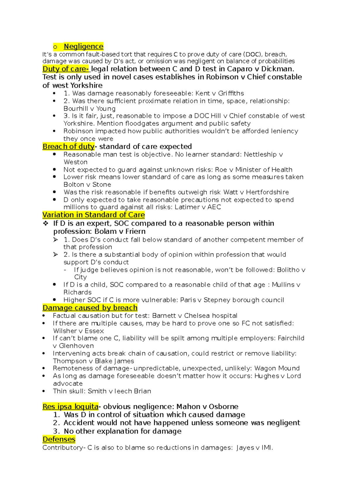 Negligence: A-Level OCR Tort Law AO1 Study Notes on Duty of Care ...