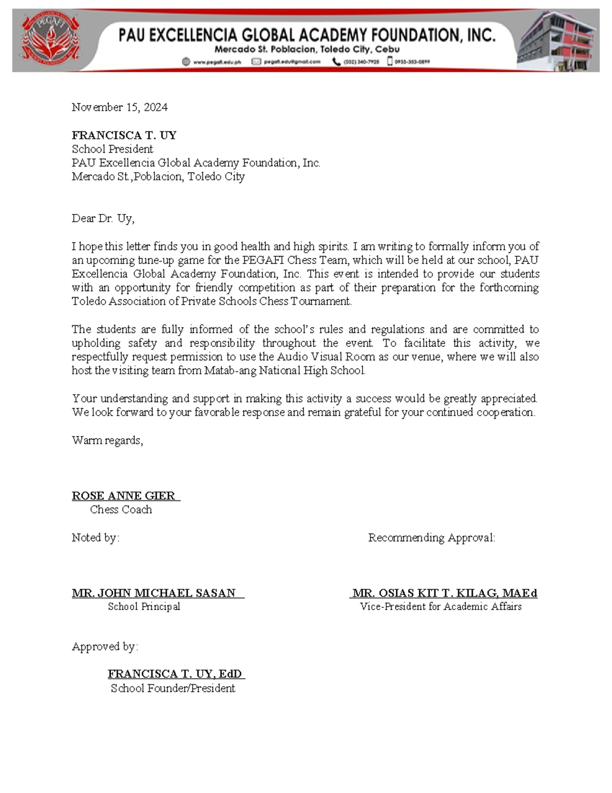 Tune-up-letter - hak - November 1 5 , 2024 FRANCISCA T. UY School ...