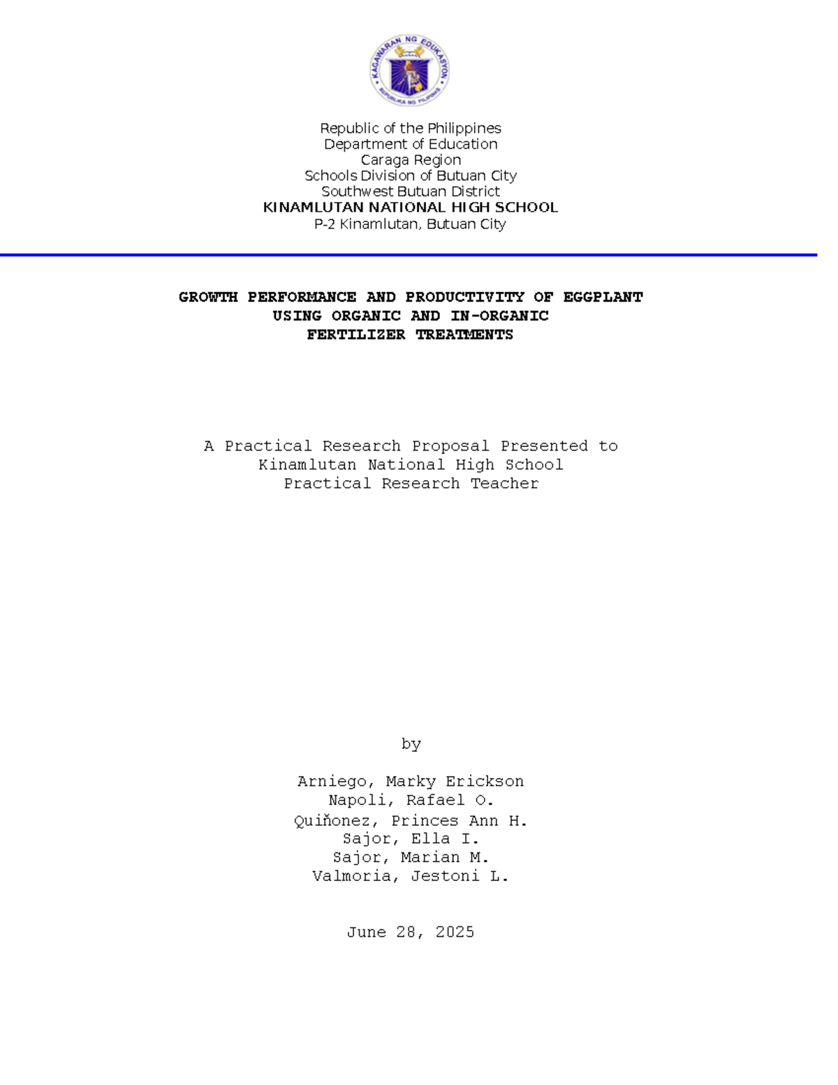 Quantitative Research Proposal on Eggplant Growth: Organic vs Inorganic ...