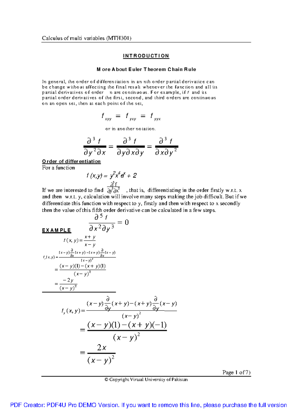 Calculus of Multi Variables (MTH301) - Lecture 8: Euler's Theorem ...