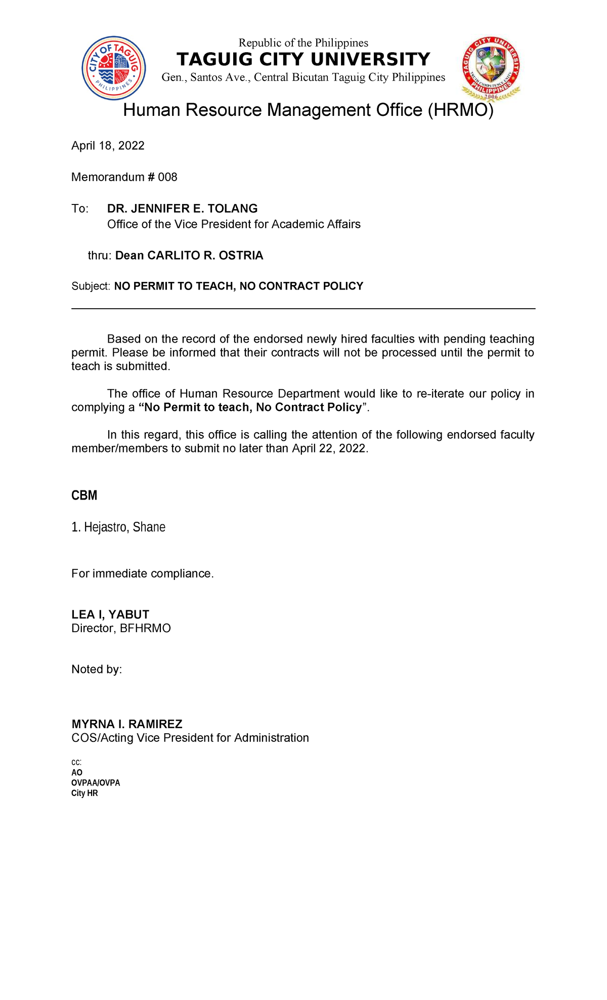 TCU HR Memo: No Permit to Teach, No Contract Policy Update CBM 2021 ...