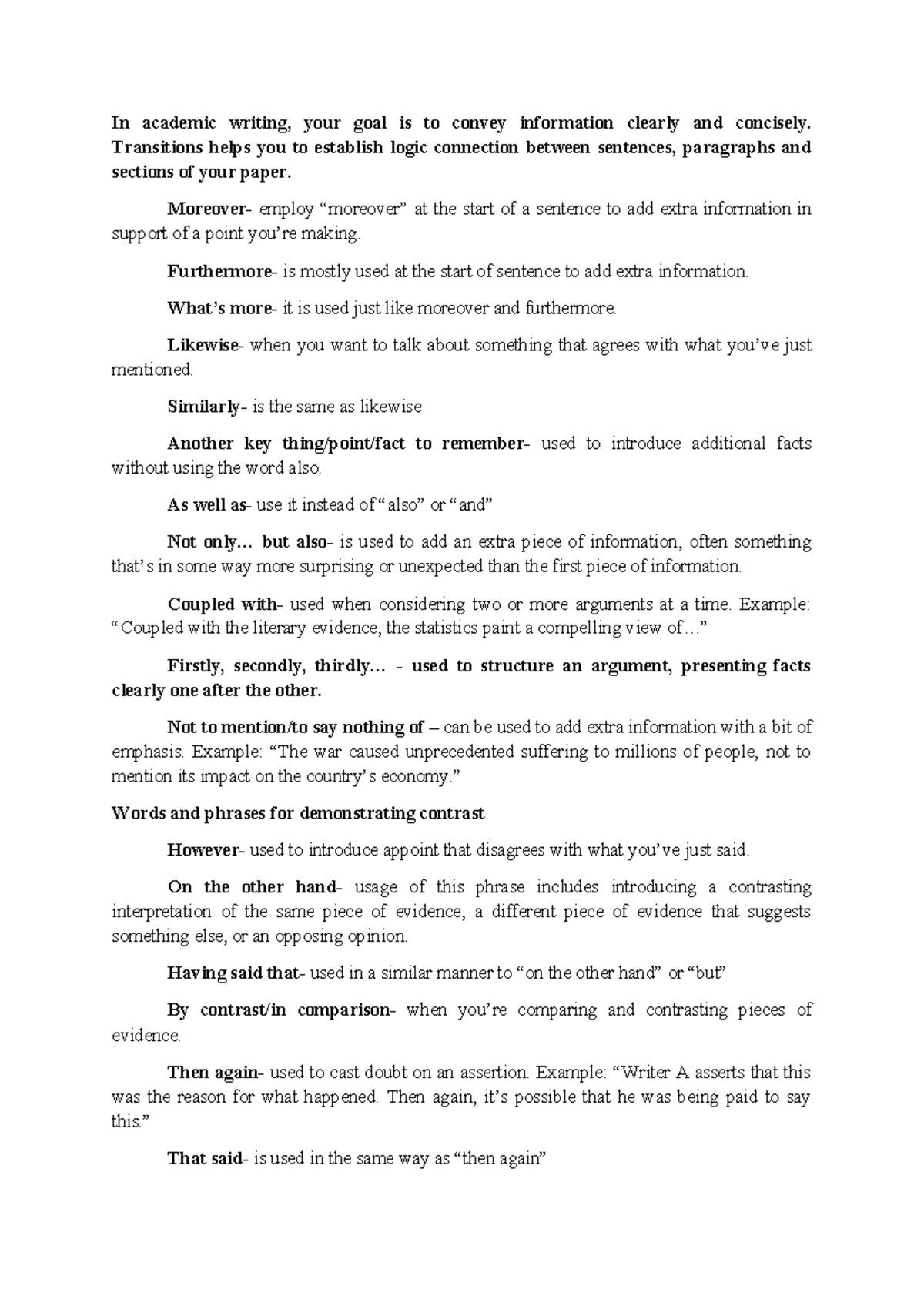 3. Transition words - Guideline on academic writing. - In academic ...