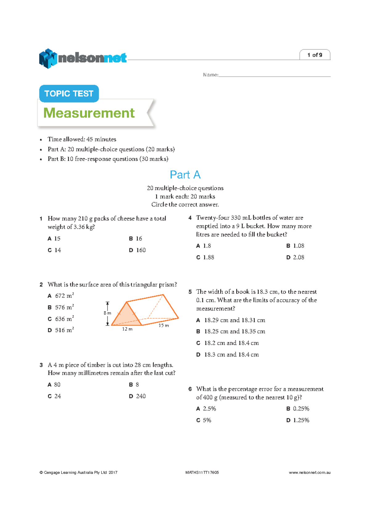 11Std MATHS11TT17605 Chapter 5 Topic Test: Measurement Assessment - Studocu
