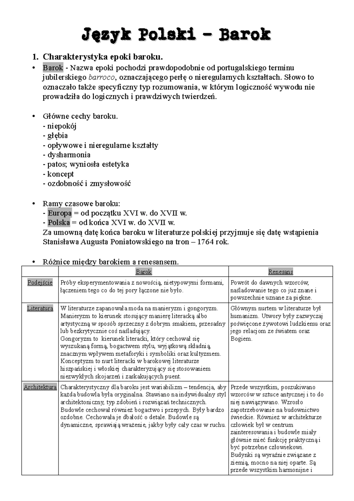Barok - notatki do matury - BAROK CZAS TRWANIA Początek: 1597 r. – powstanie pierwszej opery ...