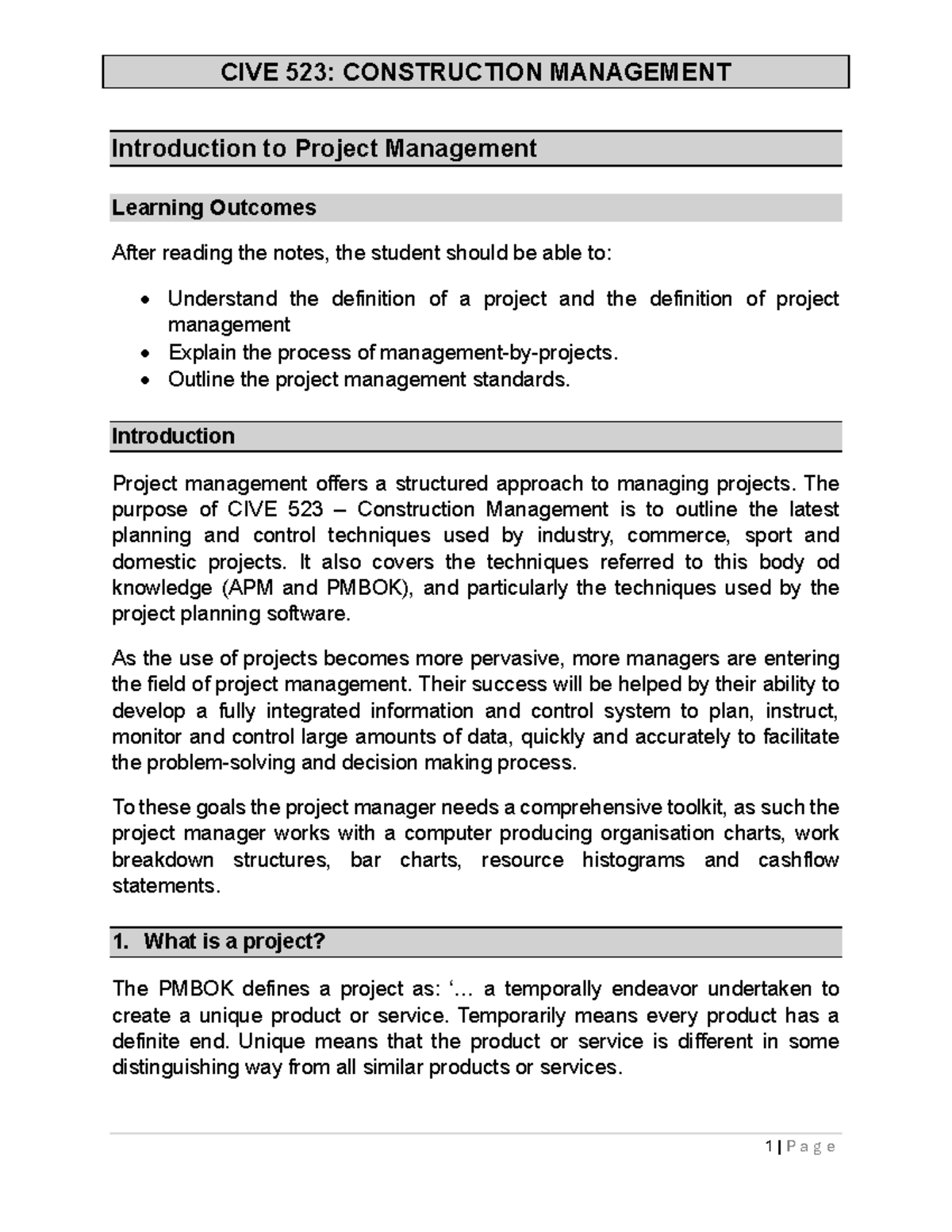 CIVE 523: Construction Management - Intro to Project Management Notes ...