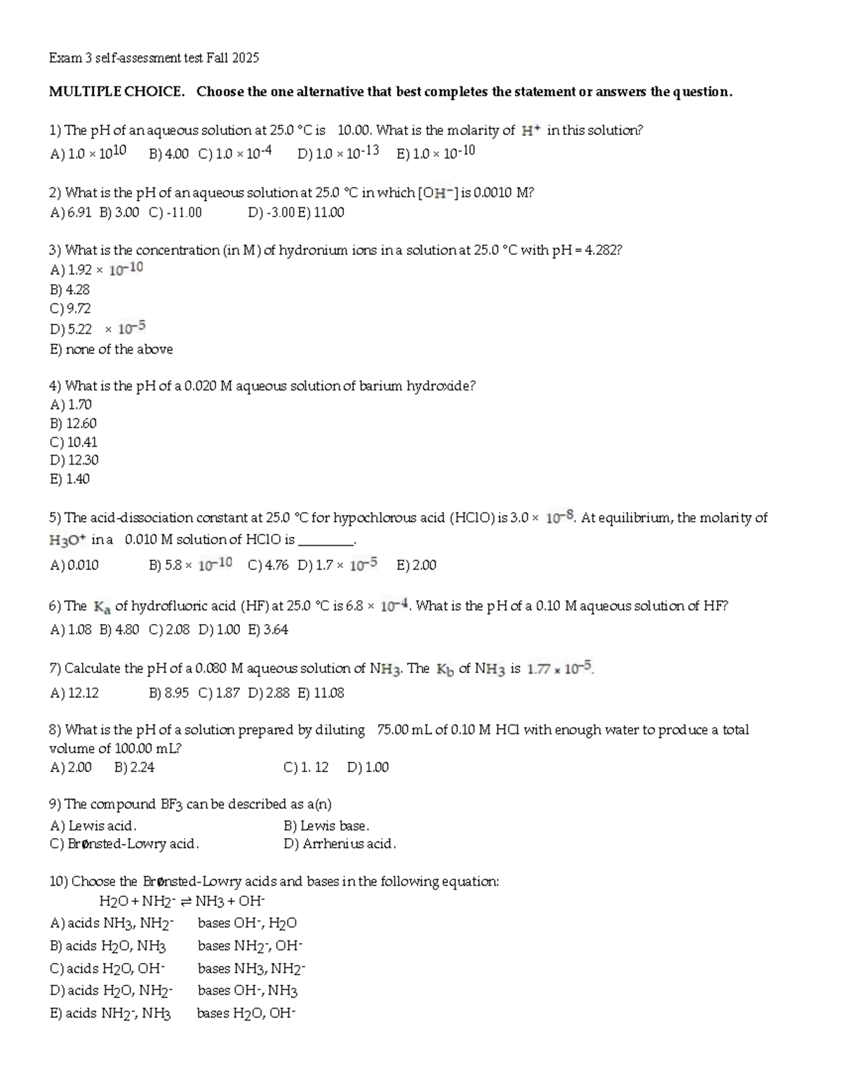 Exam 3 Self-Assessment Fall 2025: Multiple Choice Questions - Studocu