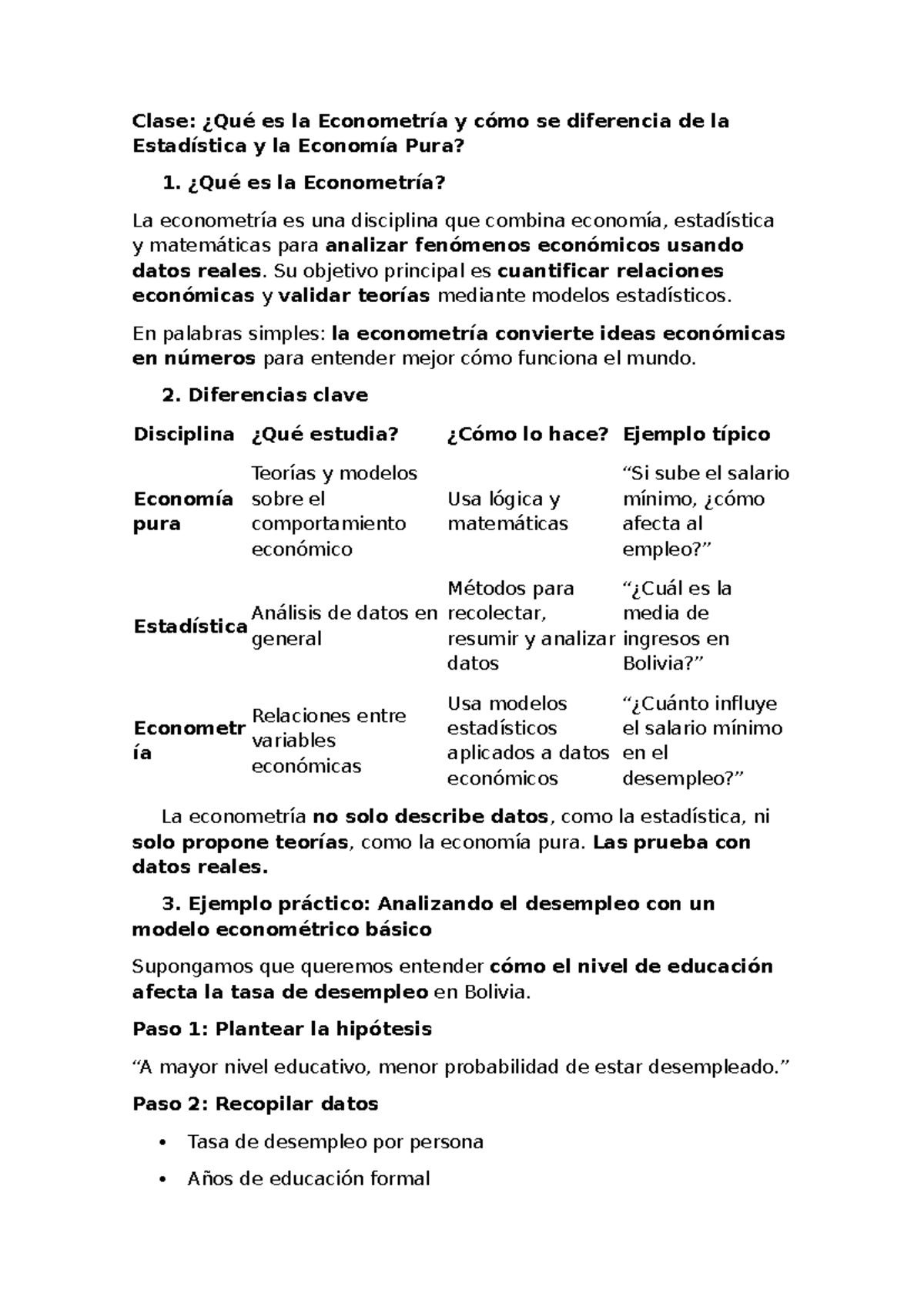 Clase: Econometría vs Estadística y Economía Pura - Análisis ...