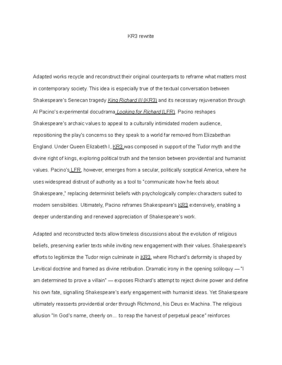 KR3 Rewrite: Analyzing Pacino's LFR and Its Impact on Shakespeare's ...
