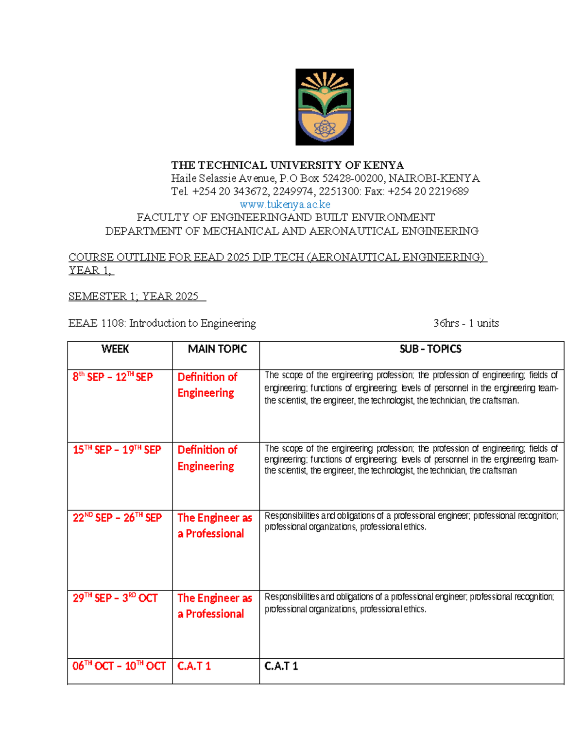 Intro to Engineering Course Outline EEAD 2025 - Studocu