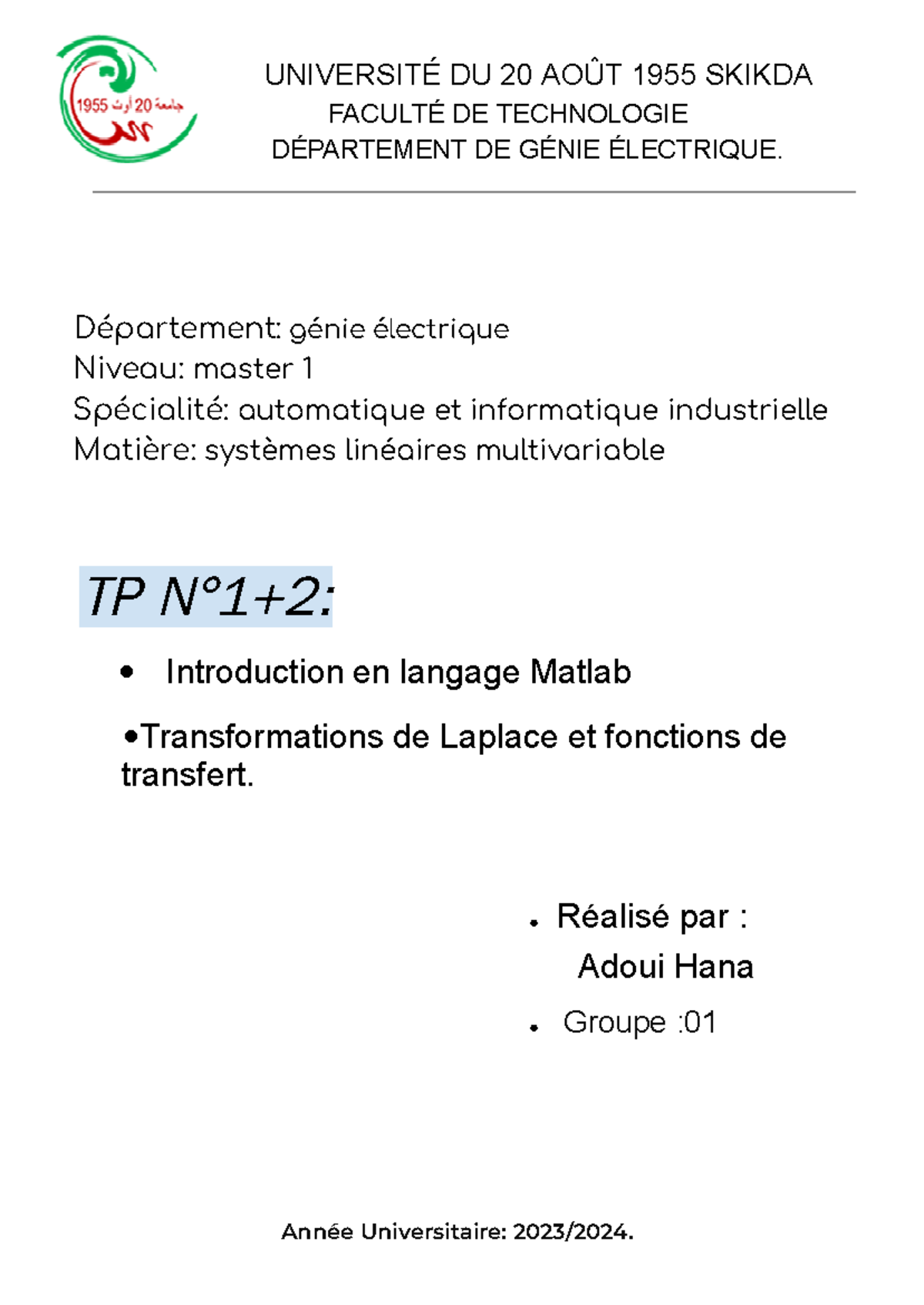 Tp système 1+2 - Tp Systèmes multivariables - UNIVERSITÉ DU 20 AOÛT ...
