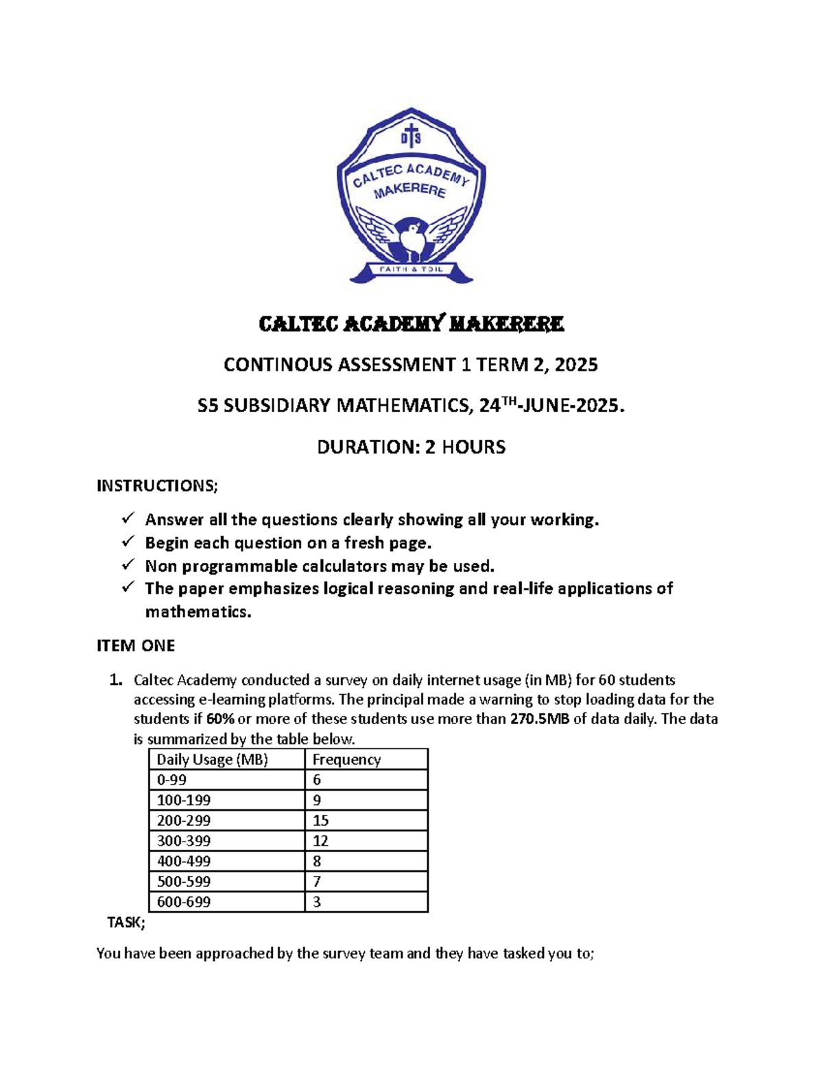S5 Subsidiary Math Continuous Assessment 1 - Term 2, 2025 - Studocu