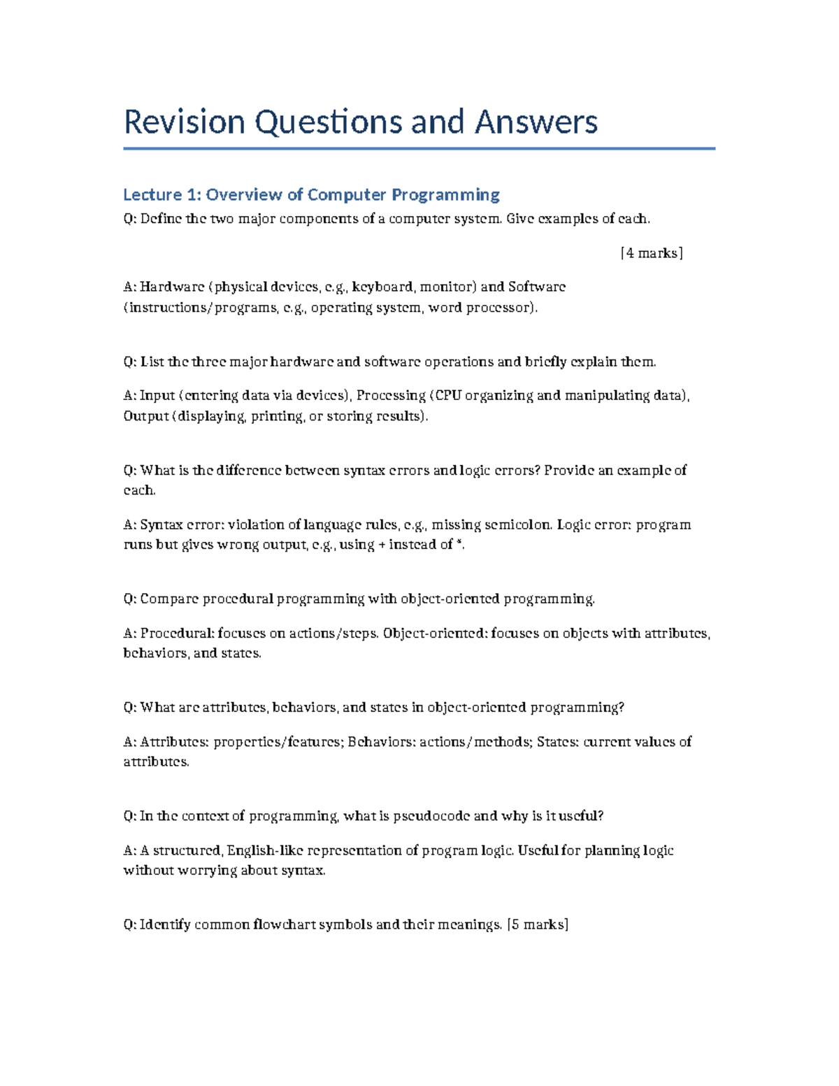 Revision Questions and Answers: Computer Programming Overview (CS101) - Studocu